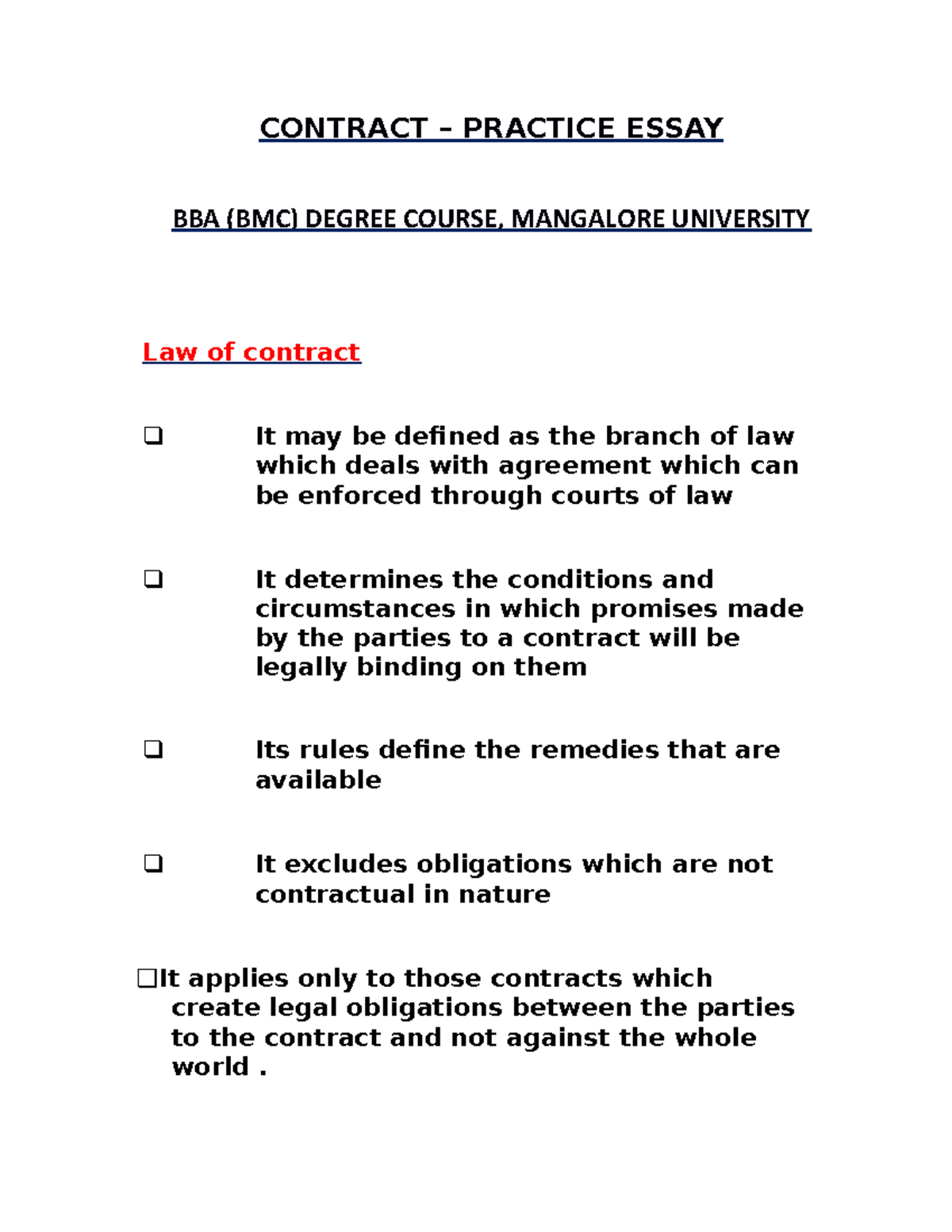 Contract - CONTRACT – PRACTICE ESSAY BBA (BMC) DEGREE COURSE, MANGALORE ...