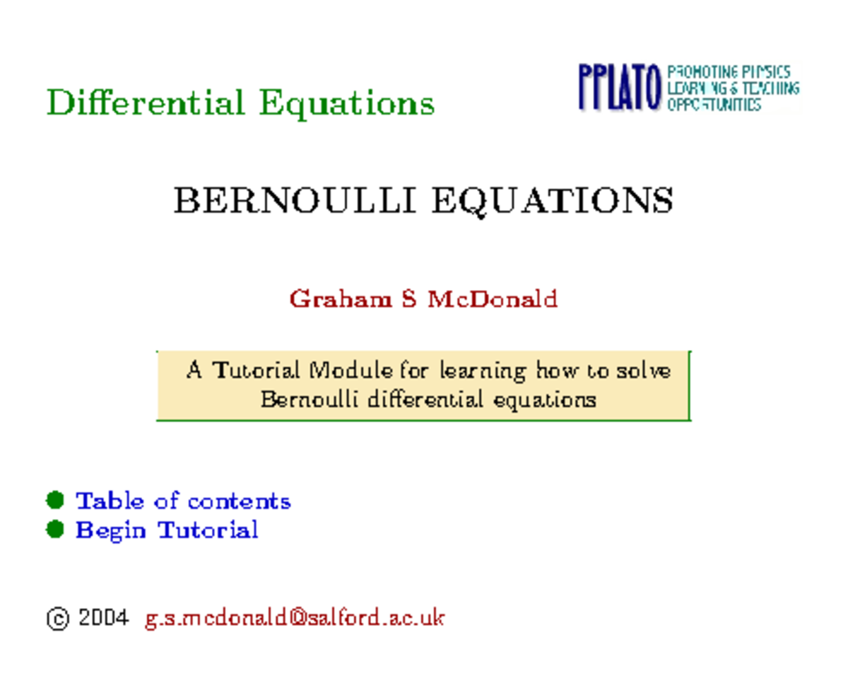 Bernoulli Equations - To enable students to obtain knowledge of first ...
