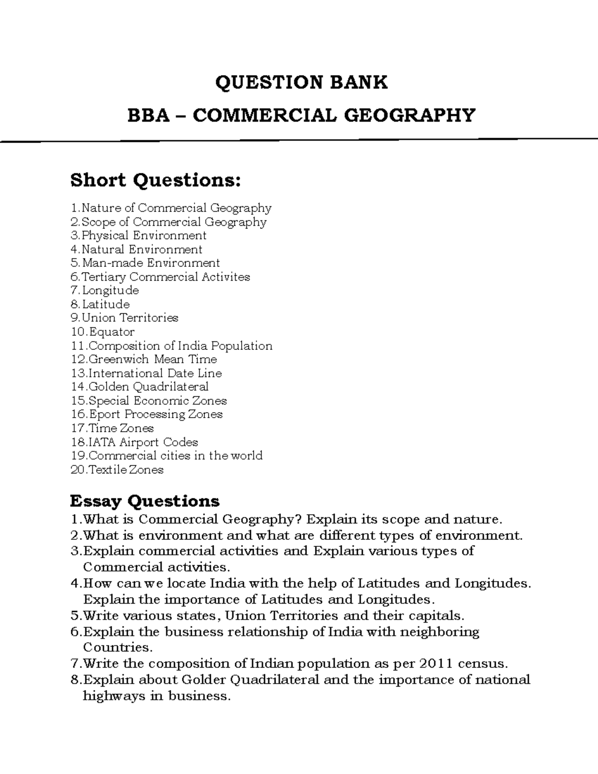 BBA Commercial Geography Question BANK 2024 - QUESTION BANK BBA ...