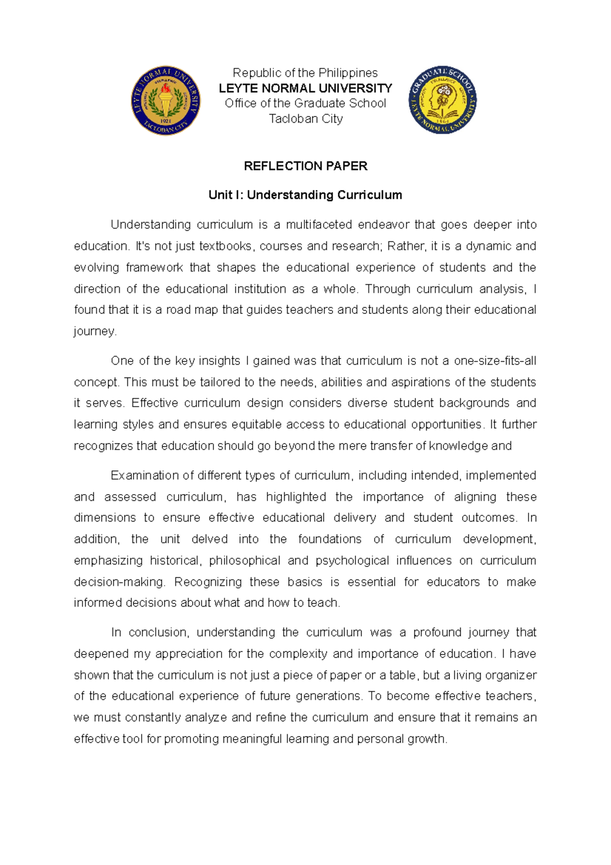 Curriculum Development Reflection - Republic of the Philippines LEYTE ...