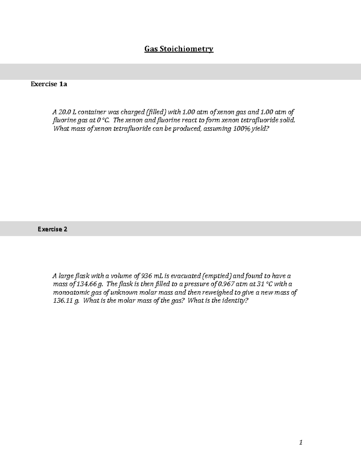 12 Gas Stoichiometry - gas stoich - Gas Stoichiometry Exercise 1a A 20 ...