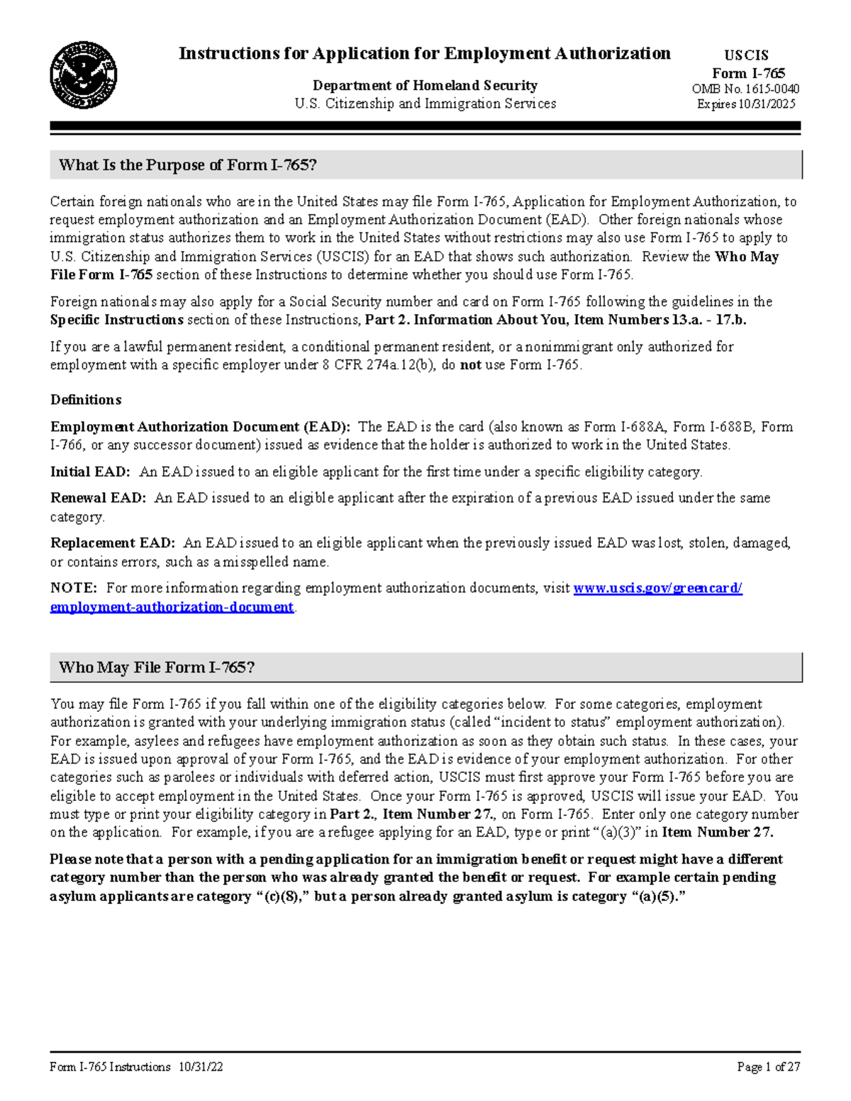 I-765instr - Instructions for Application for Employment Authorization ...