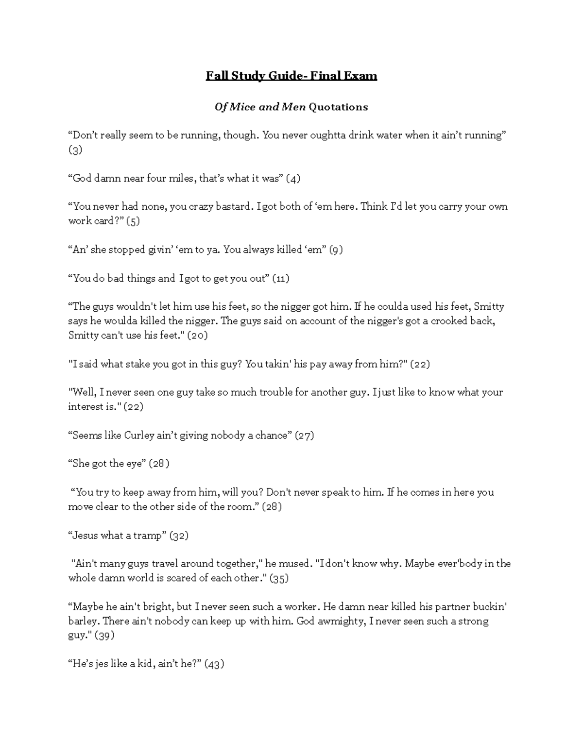 Copy of Finals Study Guide - Fall Study Guide- Final Exam Of Mice and ...