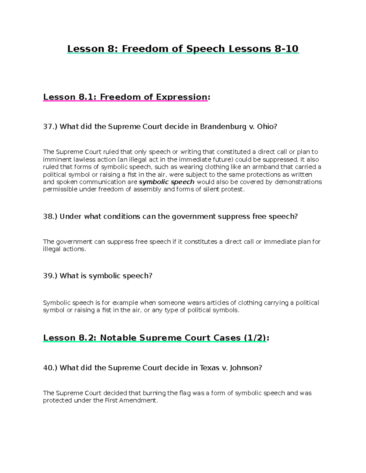 C963 Section 4 less 8-10 - Lesson 8: Freedom of Speech Lessons 8 ...