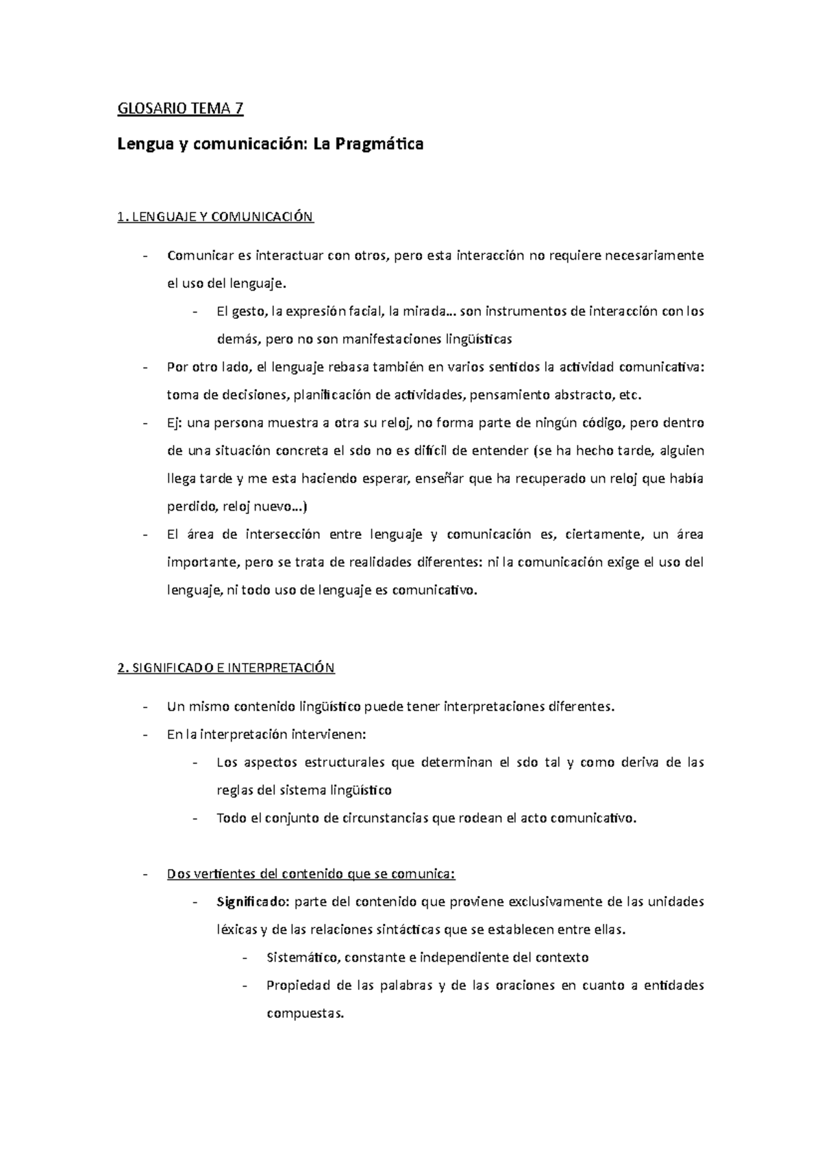 GLOSARIO TEMA 7. Lengua y comunicación: La Pragmática - LENGUAJE Y COMUNICACIÓN Comunicar es ...