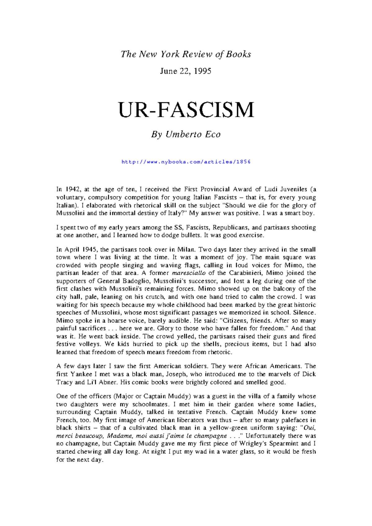 Eco ur-fascism - This is not its description. - The New York Review of ...