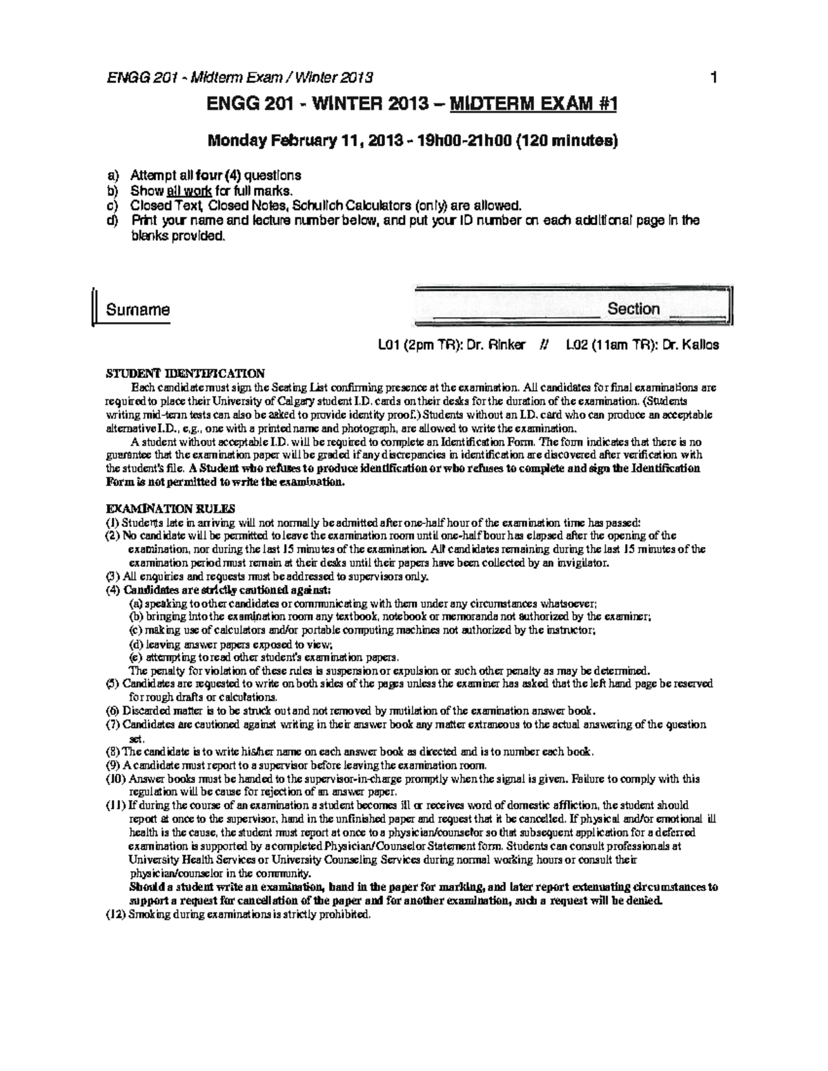 Exam 11 February Winter 2013, questions - ENGG 201 Midterm Exam I ...