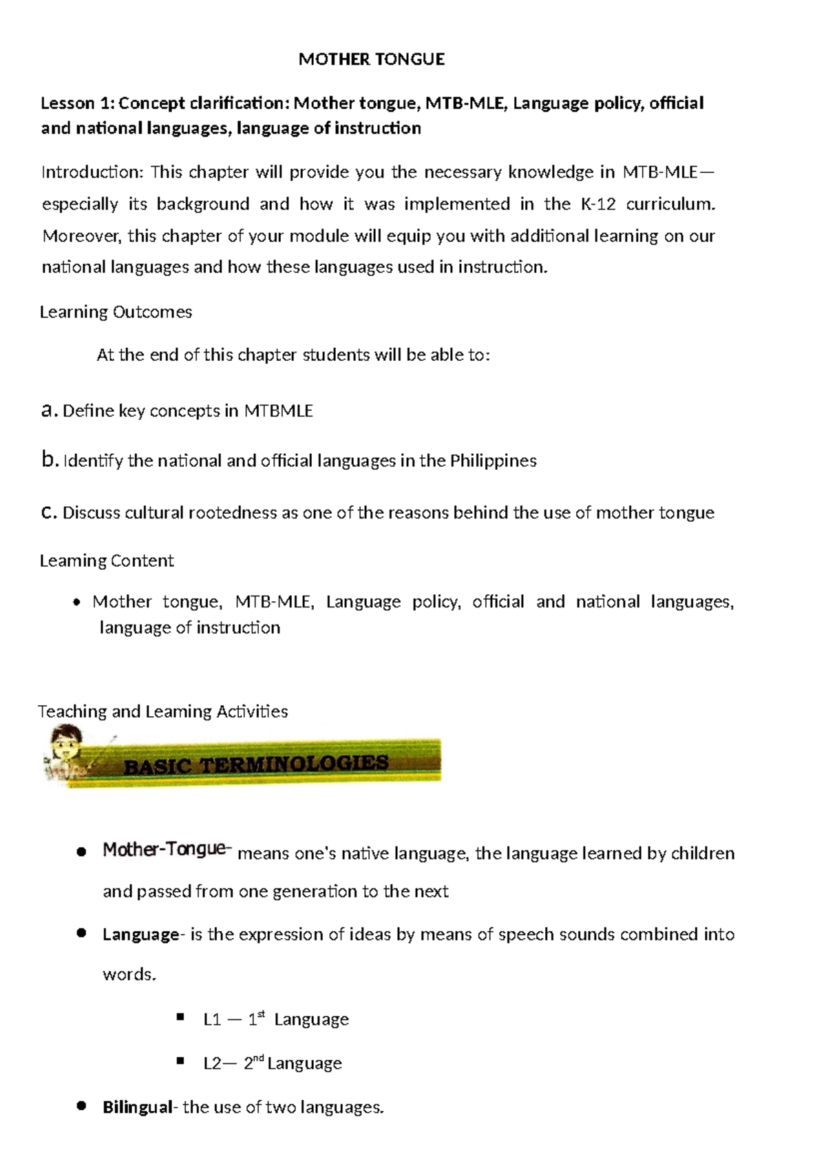 UNIT 1 - MTB-LMLE - Concept Clarification - MOTHER TONGUE Lesson 1 ...