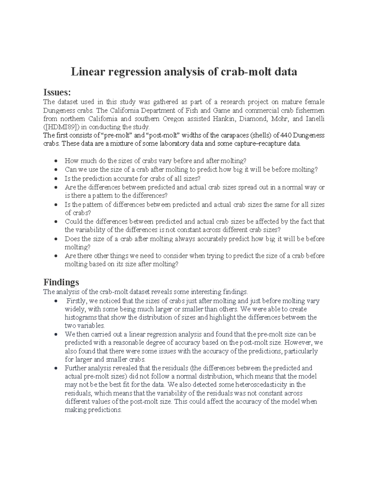 Crab data analysis - Linear regression analysis of crab-molt data Issues: The dataset used in ...