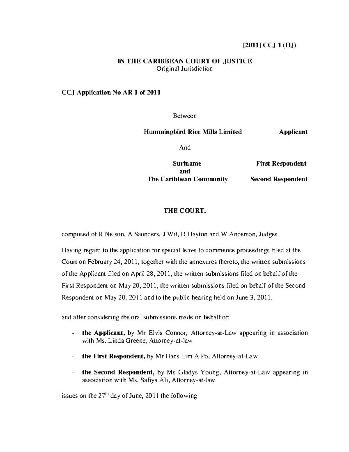 Judgment in Hummingbird RICE Mills 2 - [2011] CCJ 1 (OJ) IN THE ...