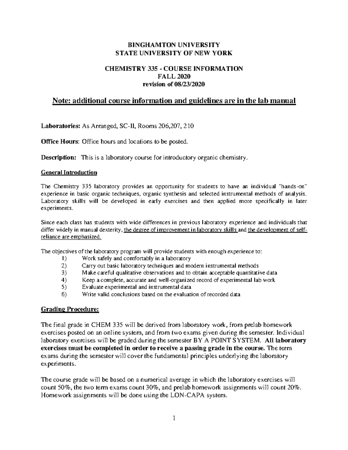 Chem 335 Syllabus - BINGHAMTON UNIVERSITY STATE UNIVERSITY OF NEW YORK ...