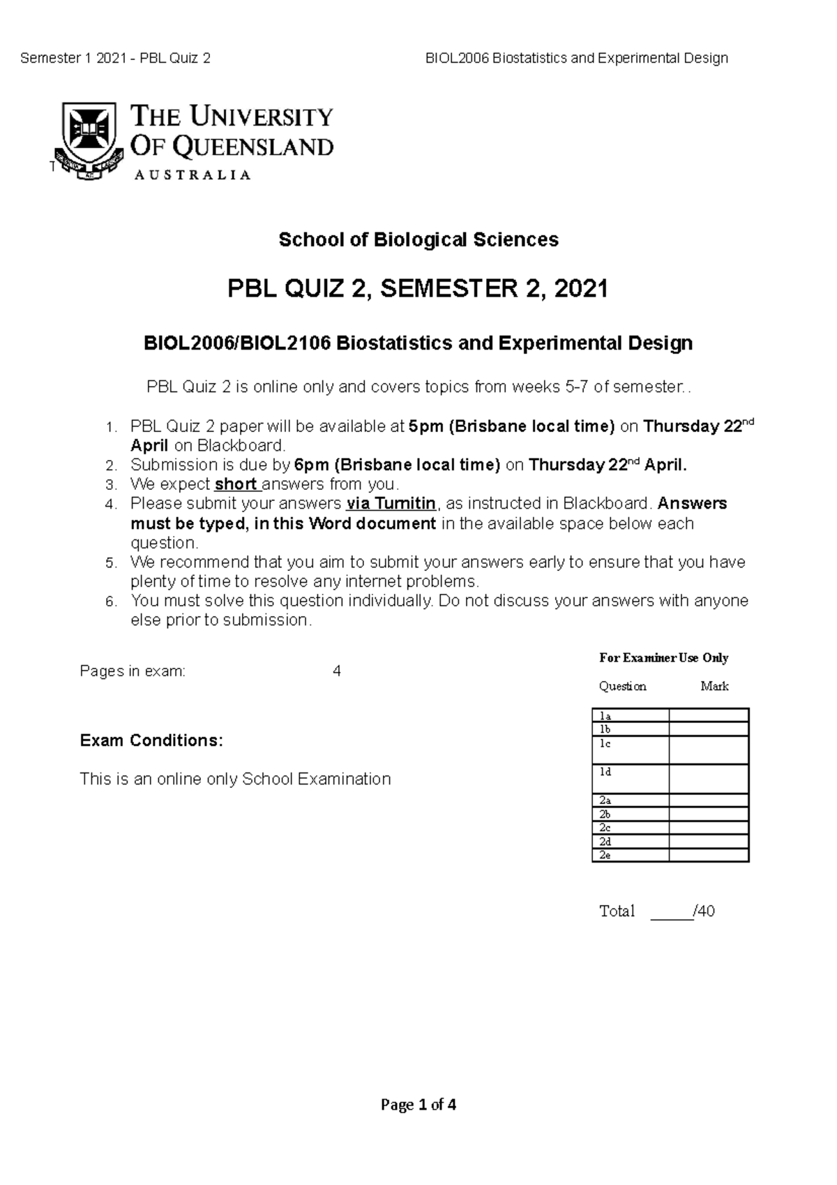 Semester 1 2021 PBL Quiz 2 BIOL2006 Biostatistics and Experimental Design - Studocu