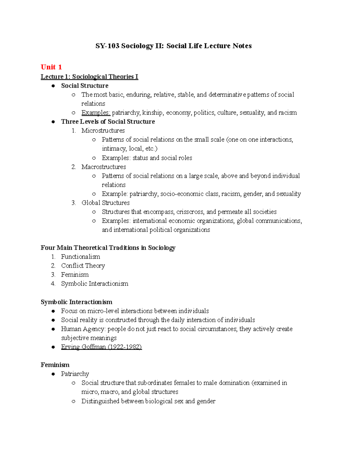 SY-103 Sociology II Social Life Lecture Notes Unit 1 - Microstructures ...