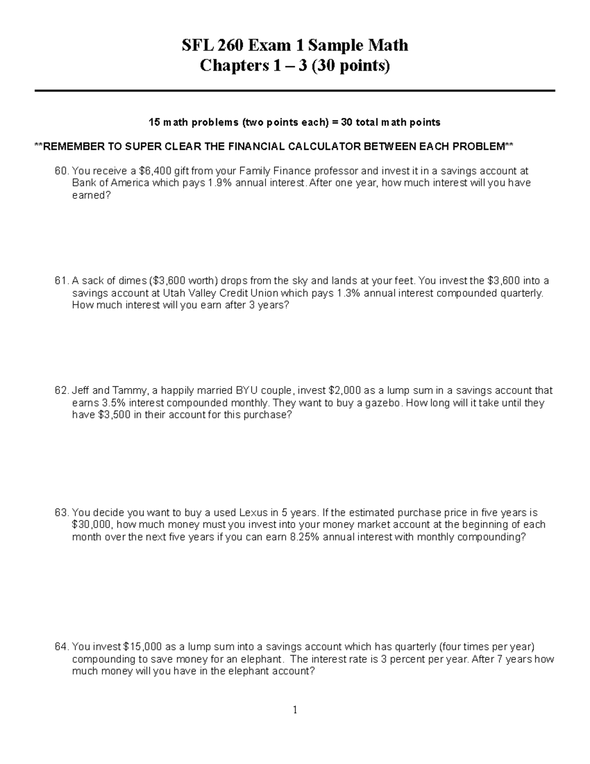 Exam 1 - Sample Math - SFL 260 Exam 1 Sample Math Chapters 1 – 3 (30 points) 15 math problems ...