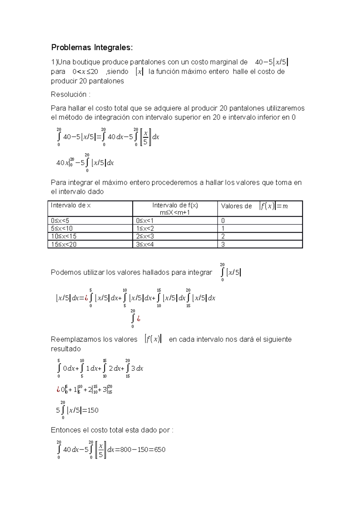 Problemas Integrales - Problemas Integrales: 1)Una boutique produce ...