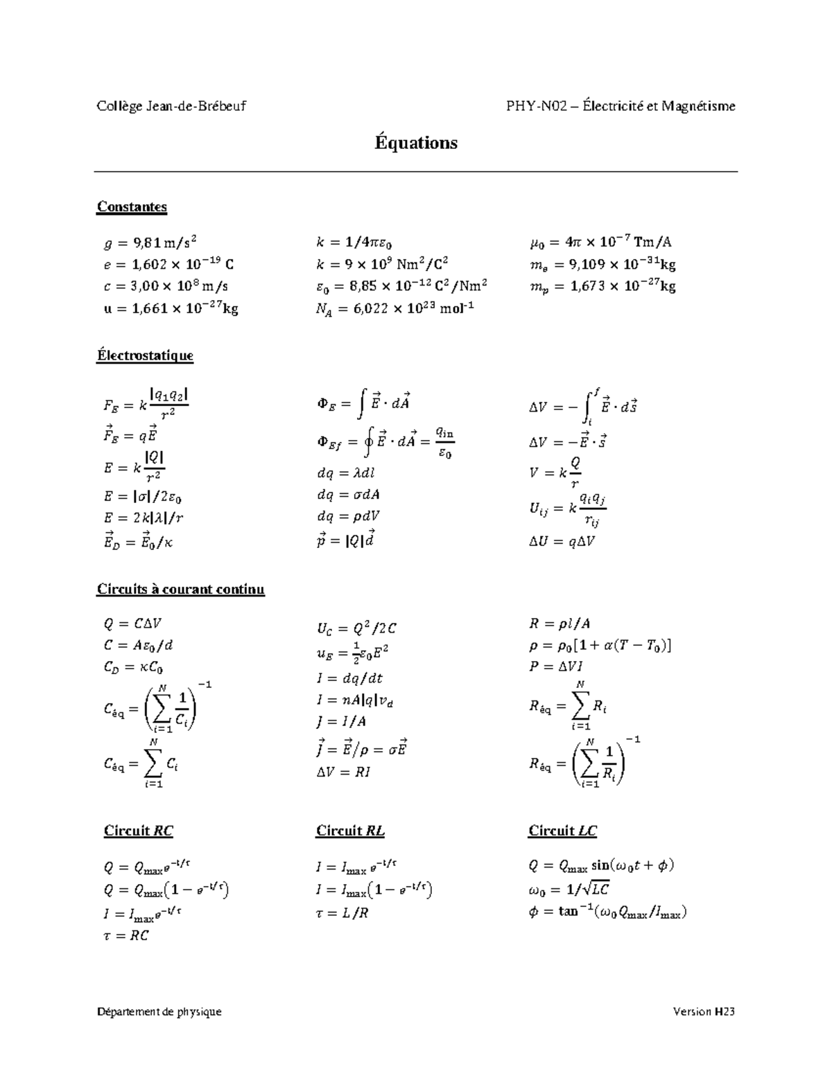 Équations C1 - formule - Département de physique Version H Collège Jean ...