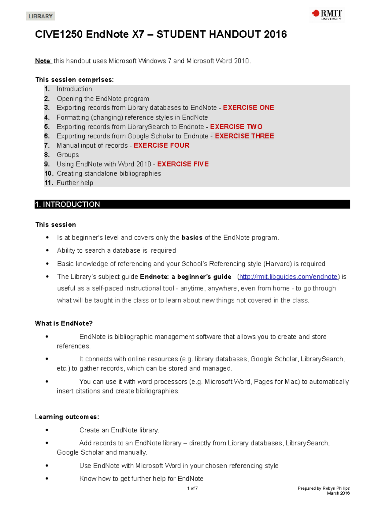 Student handout 2016 - CIVE1250 EndNote X7 – STUDENT HANDOUT 2016 Note ...