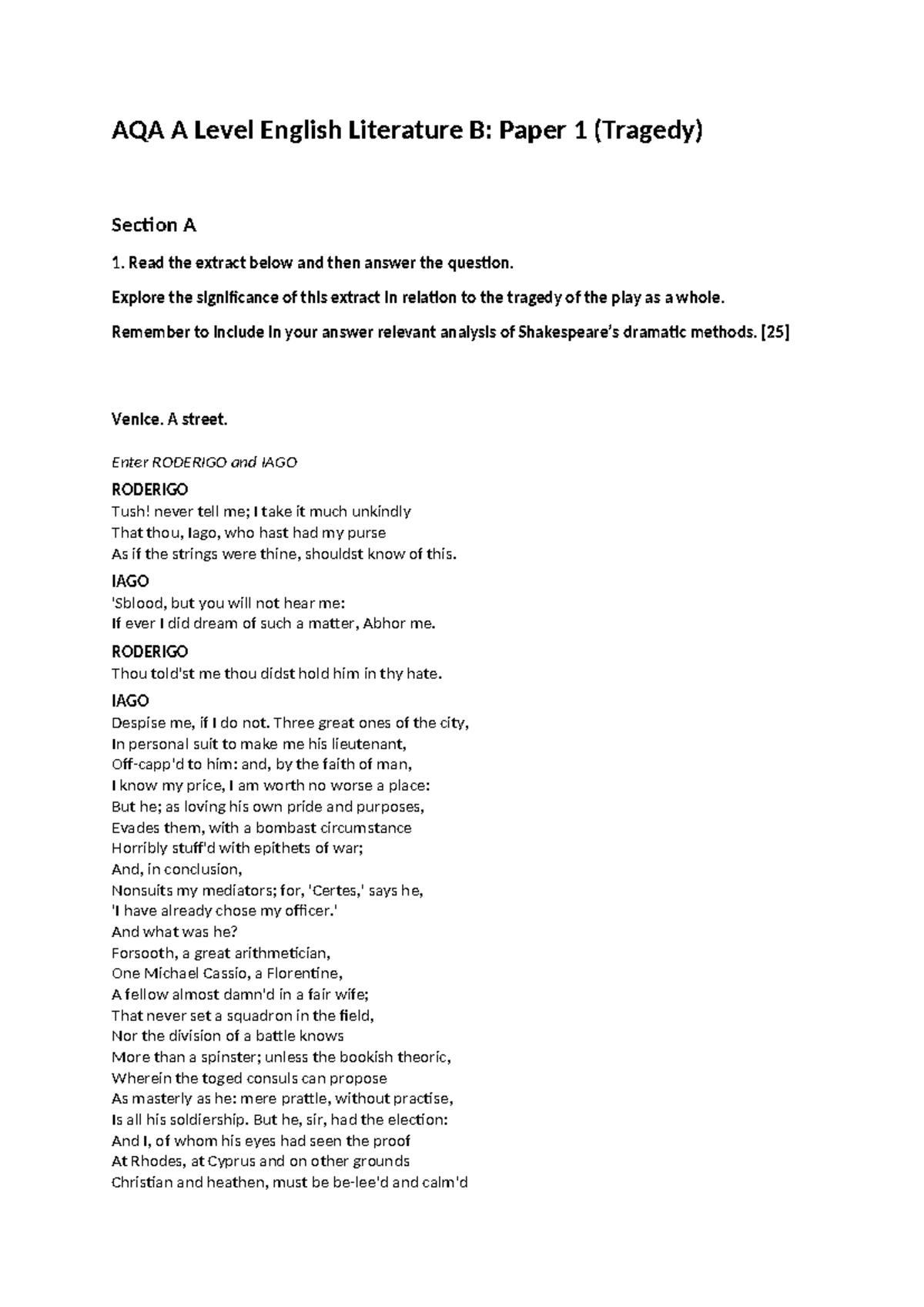 Othello-ppqs - Practice questions for Othello. - AQA A Level English ...