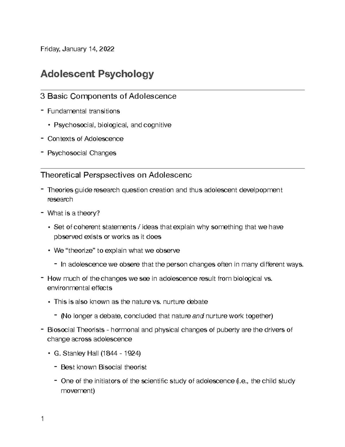 Adolescent Psych Lecture Notes 1:14 - Friday, January 14, 2022 ...