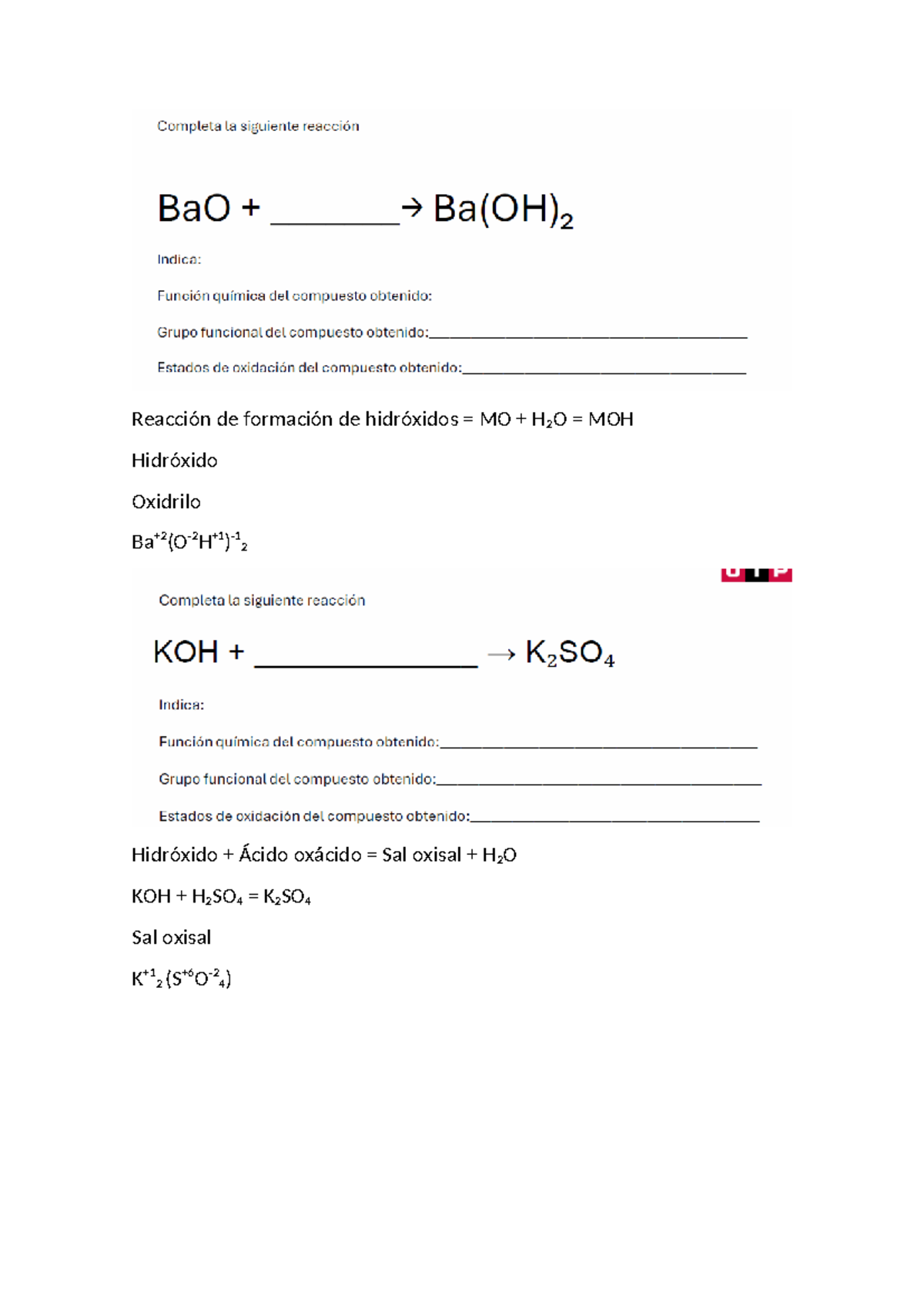 Repaso de 29-09 - Reacción de formación de hidróxidos = MO + H 2 O ...