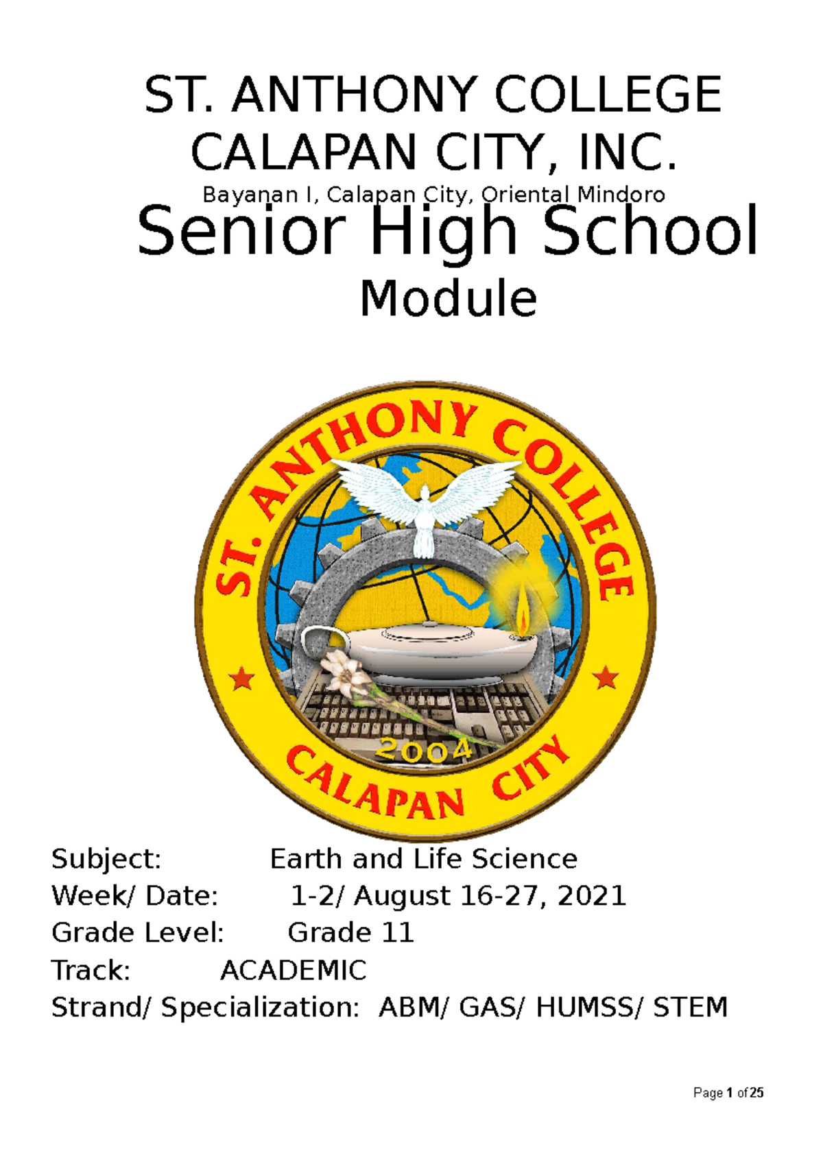 Week 1-2 Earth and Life Science - ST. ANTHONY COLLEGE CALAPAN CITY, INC ...