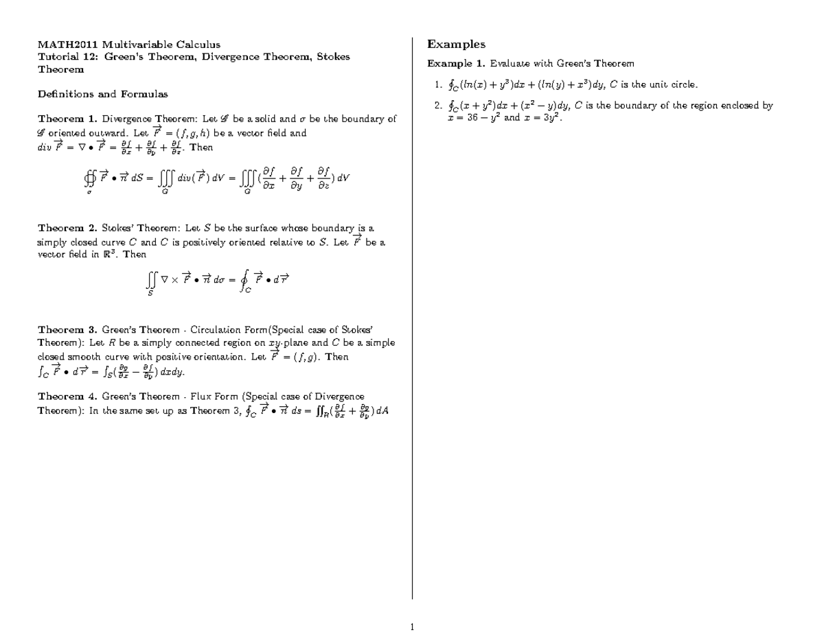 T12-Greens, Divergence, Stokes - Examples MATH2011 Multivariable ...