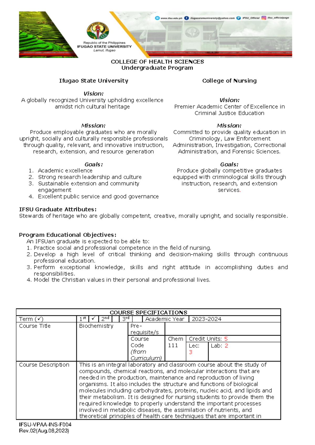 Biochem Course Syllabus 2023 - IFSU-VPAA-INS-F COLLEGE OF HEALTH ...