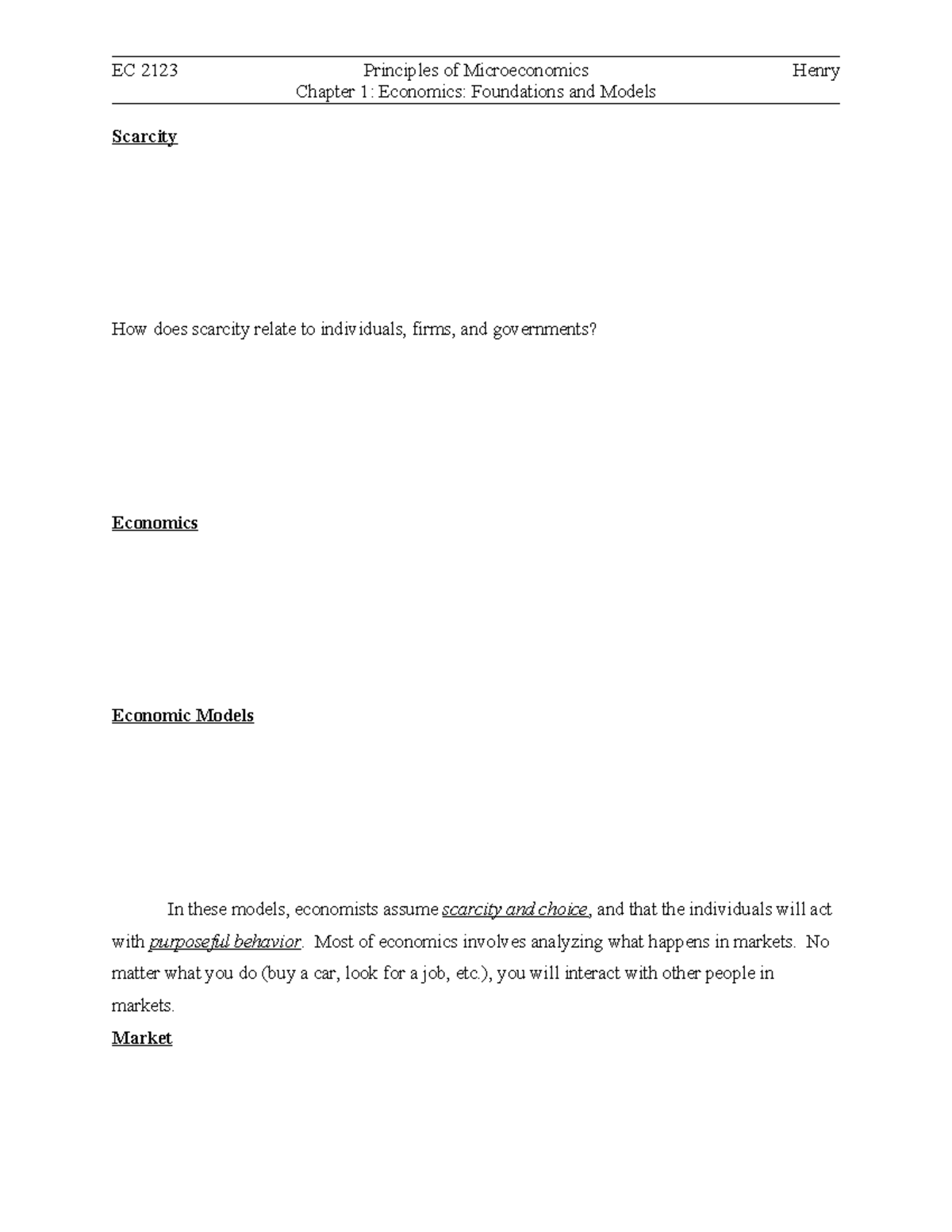 Chapter 1 Notes - Chapter 1: Economics: Foundations and Models Scarcity ...