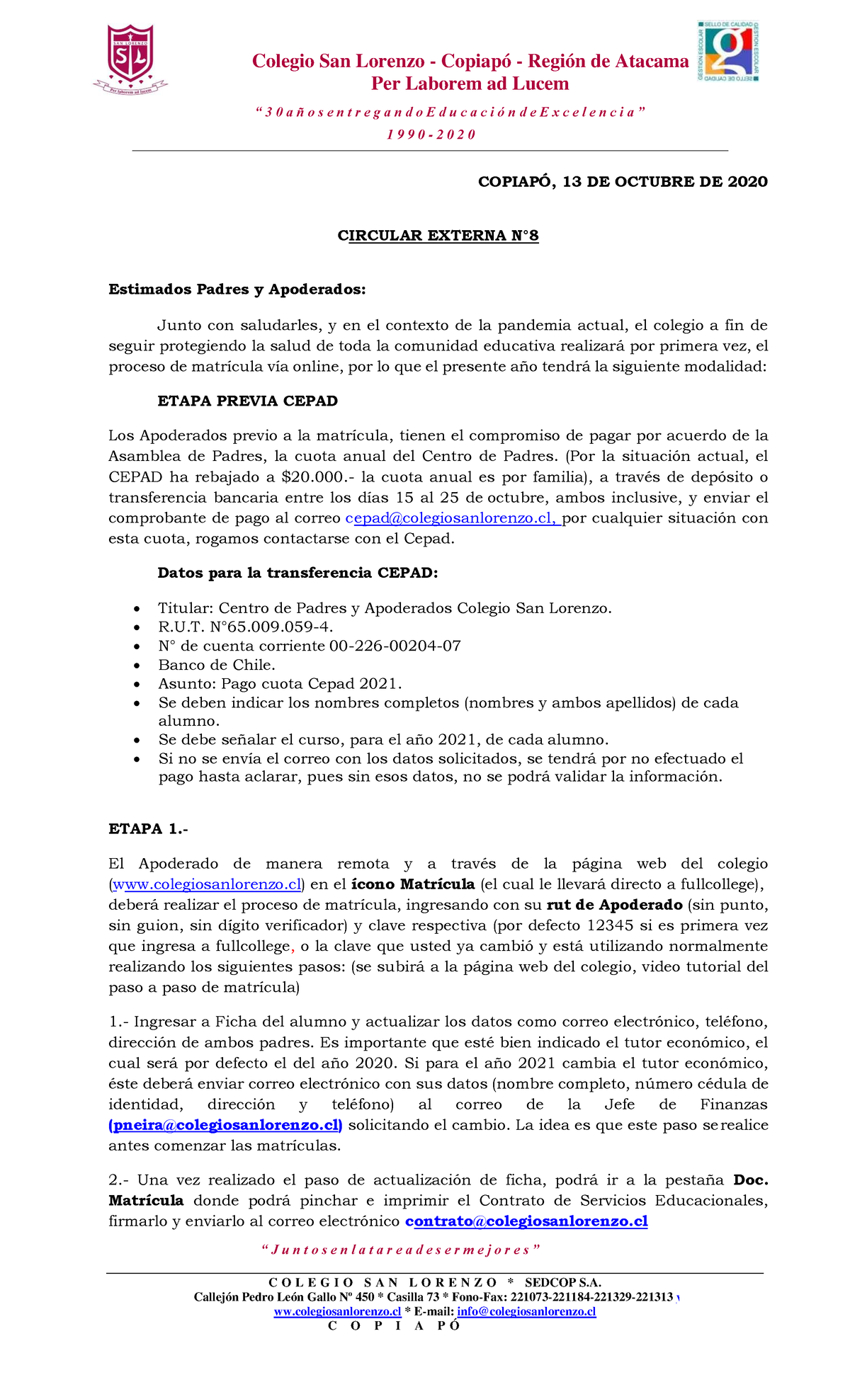 48. Circular N8 Matrículas 2021 v2 - Per Laborem ad Lucem “ 3 0 a ñ o s ...