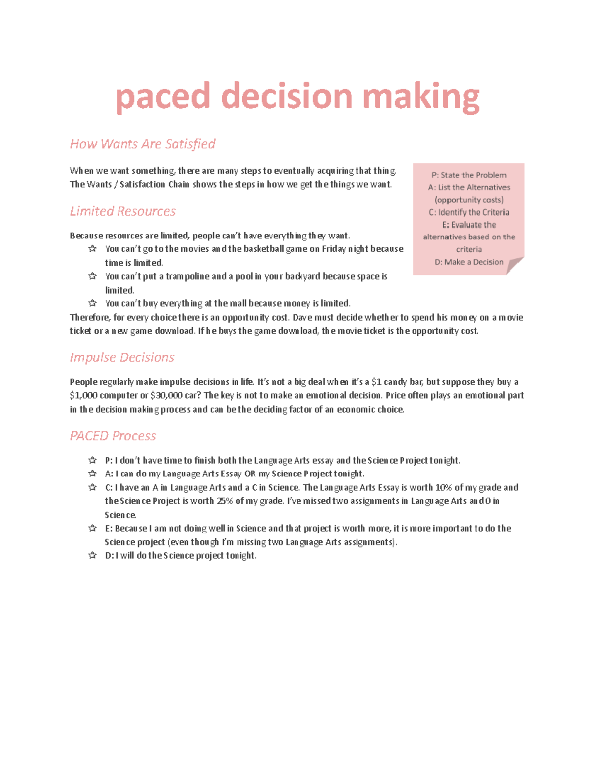Paced Decision Making notes - paced decision making How Wants Are ...
