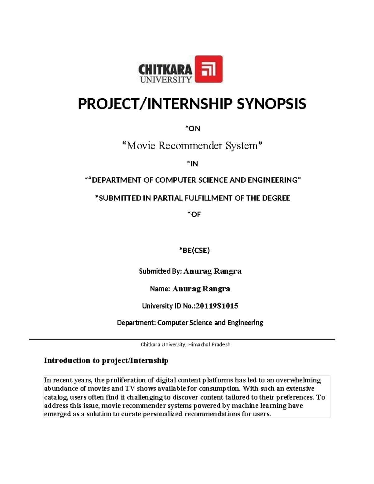 Movie Recommender System (Machine Leaning) Project - PROJECT/INTERNSHIP ...