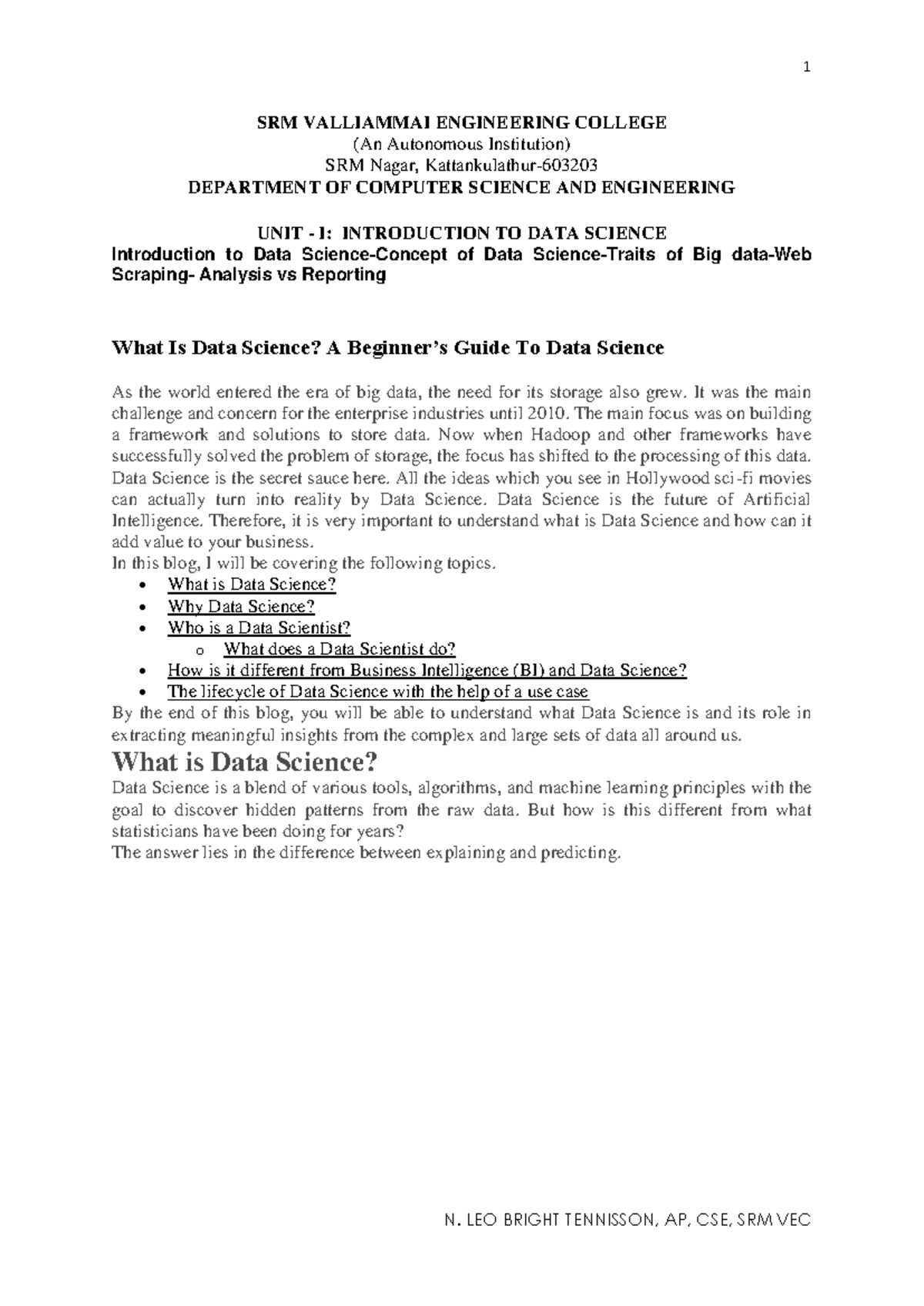 DATA Science U1 Notes - SRM VALLIAMMAI ENGINEERING COLLEGE (An ...