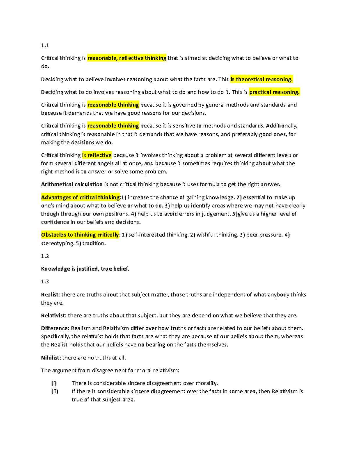 Chapter 1 lecture notes - 1. Critical thinking is reasonable ...