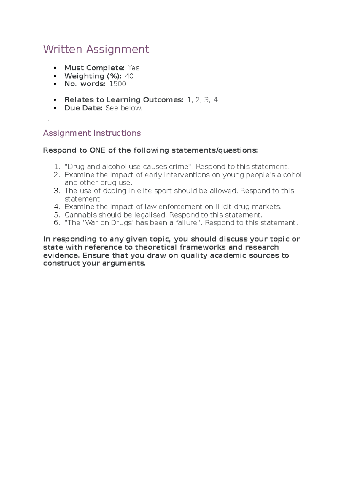 CRIM108 Written Assignment - Written Assignment Must Complete: Yes ...