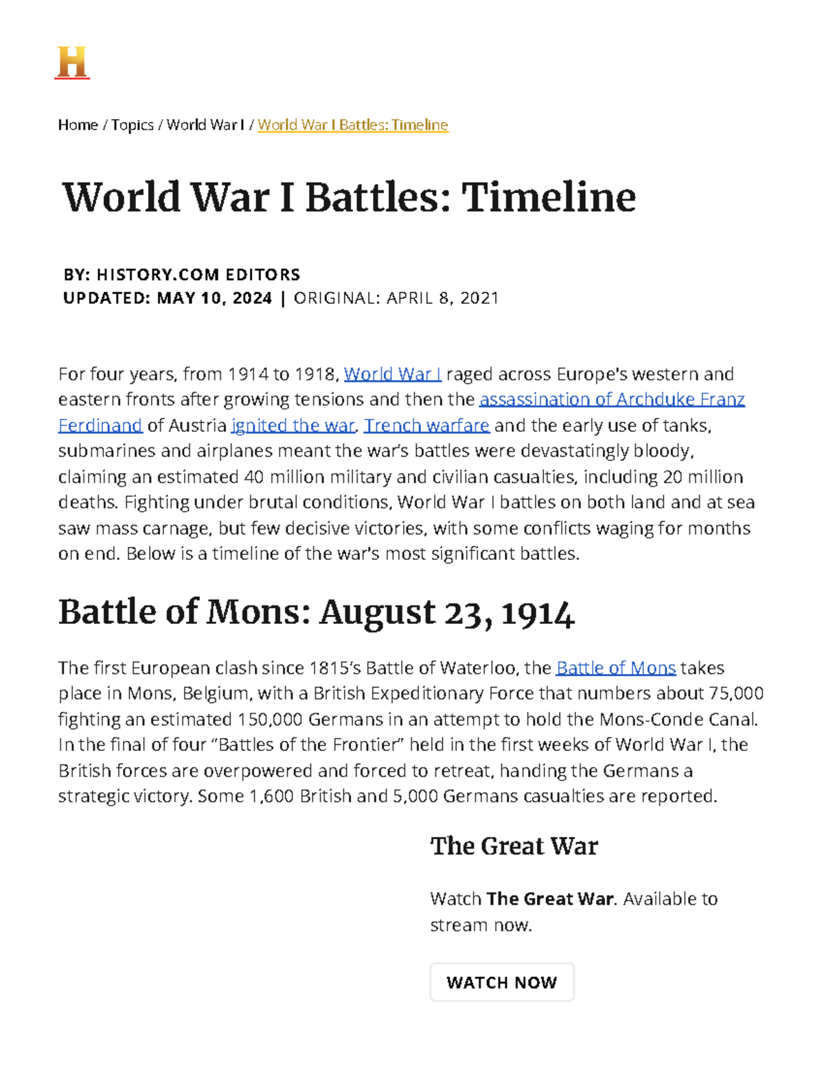 World War I Timeline Battles & Major Events History - For four years ...