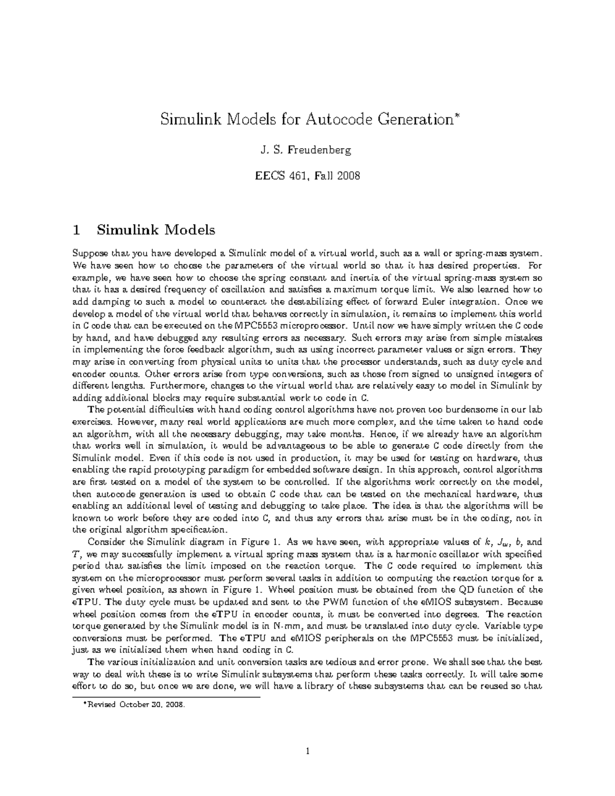 Lecture notes, lecture 1 - Simulink models for autocode generation ...