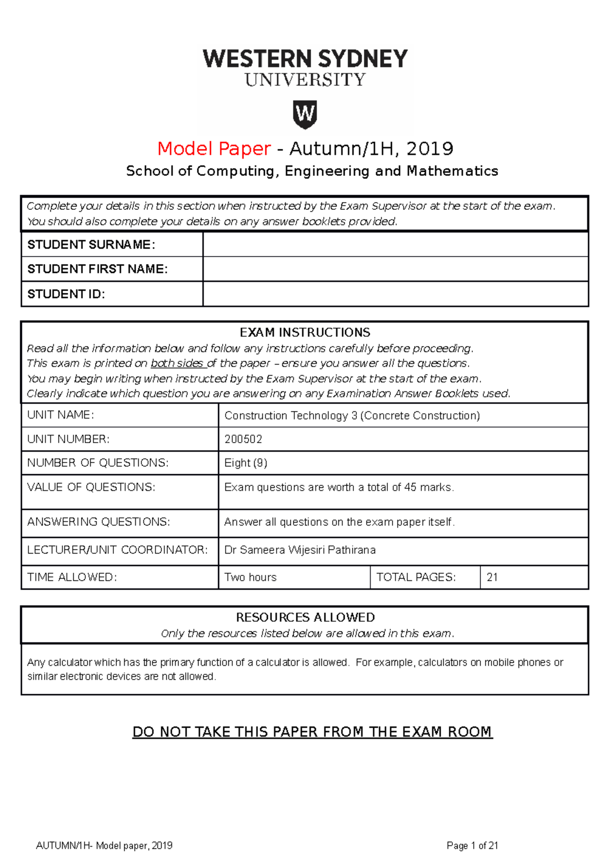 Exam 2019, questions and answers - Model Paper - Autumn/1H, 2019 School ...