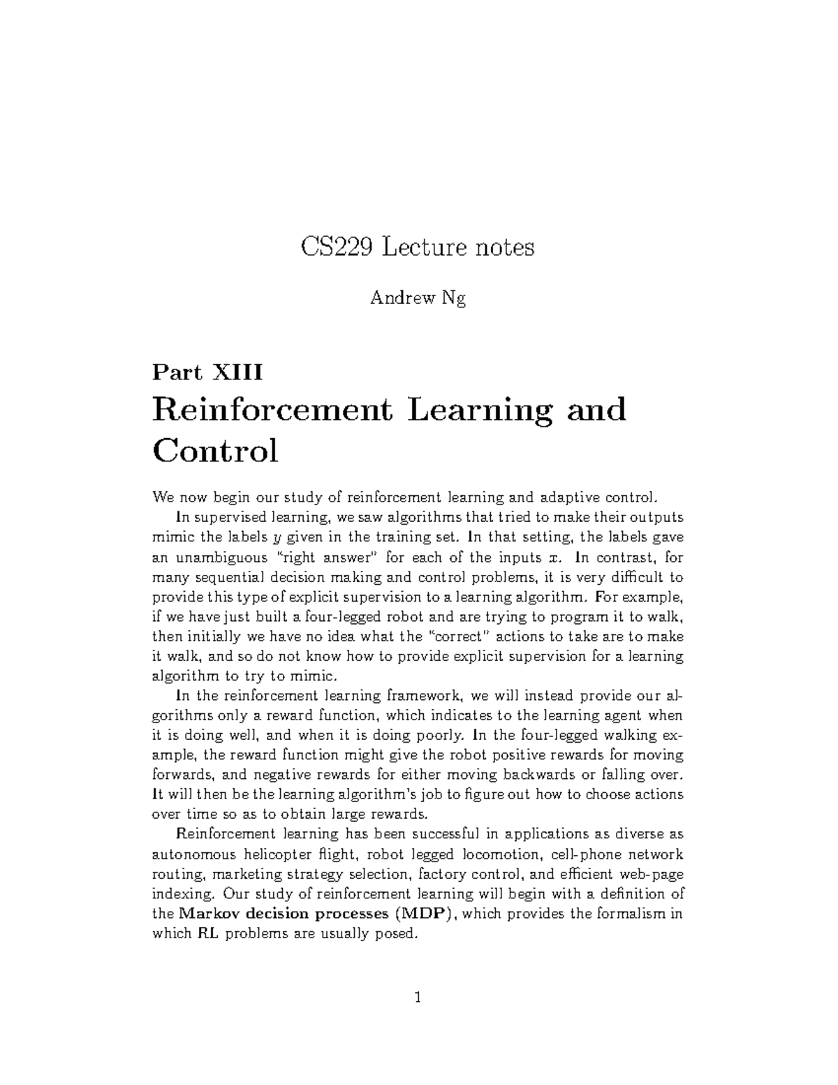 Cs229-notes 12 - Reinforcement Learning and Control notes - CS229 ...