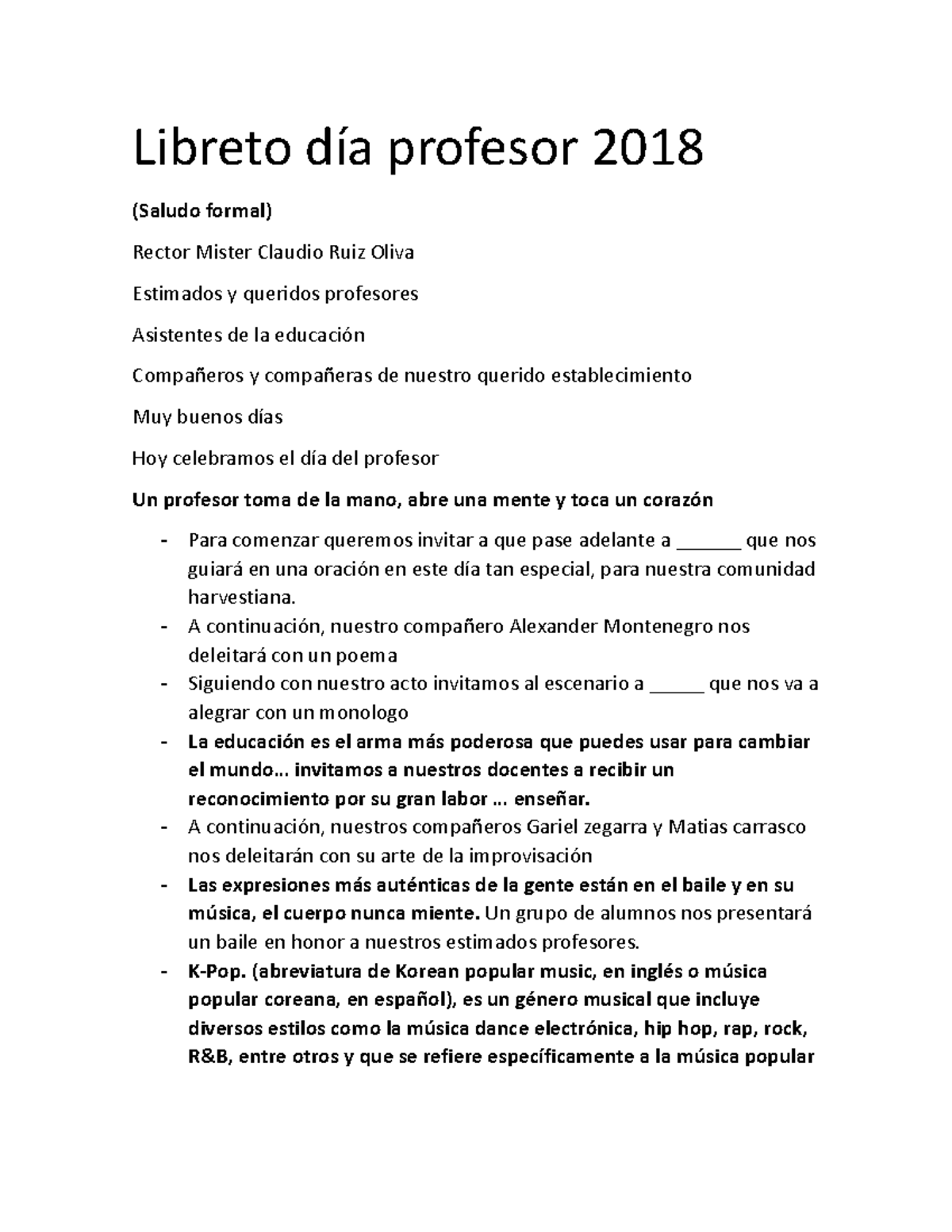 Libreto DÍA Profesor - Libreto día profesor 2018 (Saludo formal) Rector ...