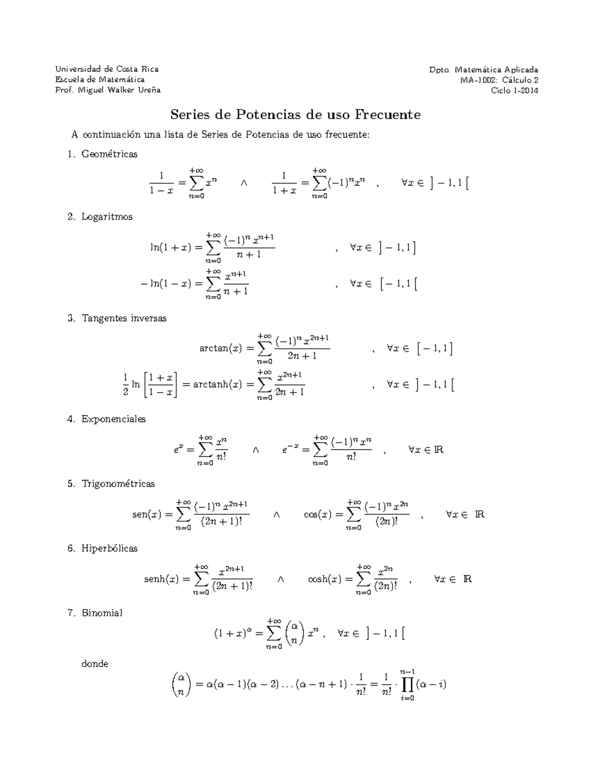 Tabla 3. Series de Potencias de uso Frecuente - Universidad de Costa ...