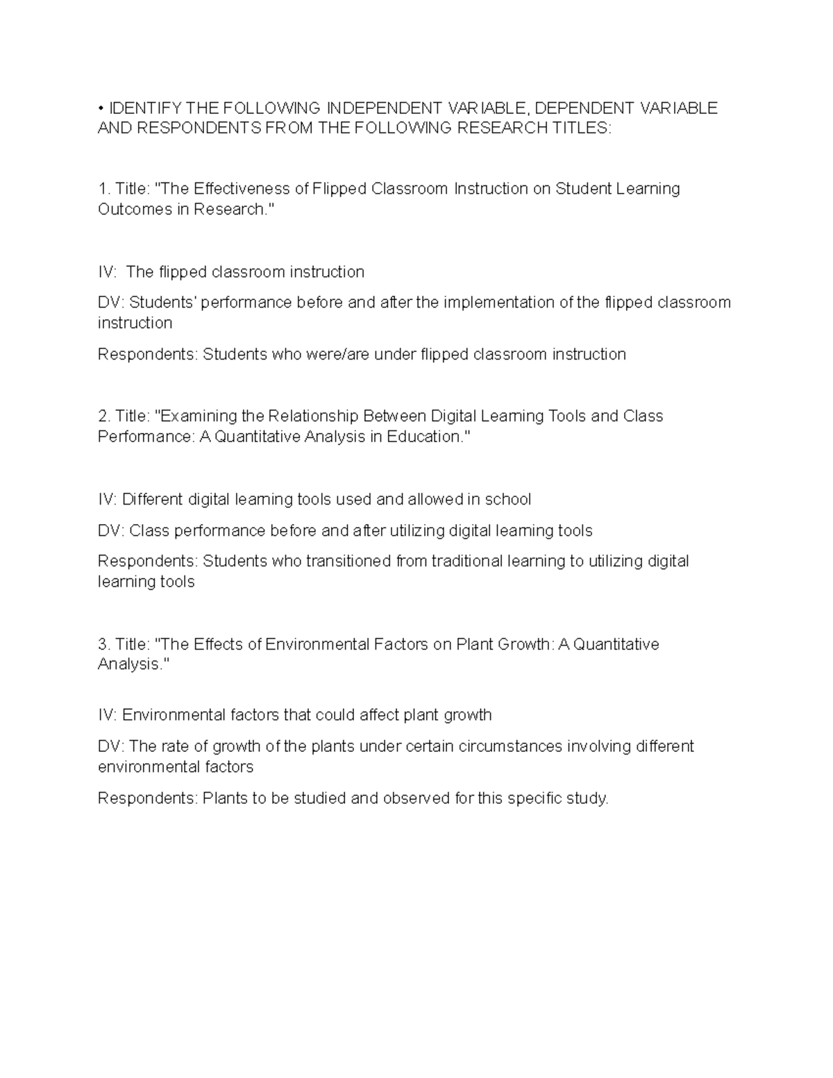 Shesh - hshshhshss - • IDENTIFY THE FOLLOWING INDEPENDENT VARIABLE, DEPENDENT VARIABLE AND - Studocu