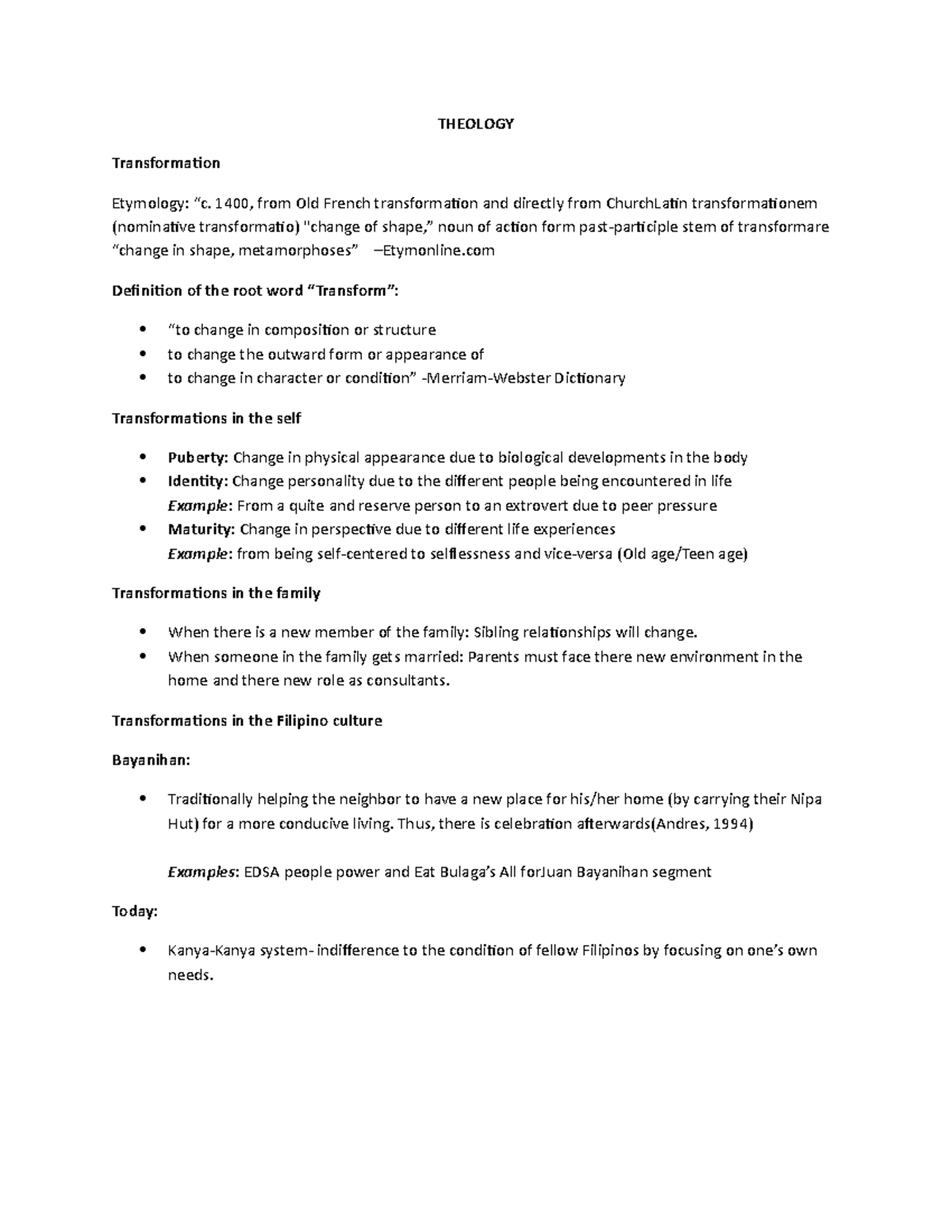 Theology Notes - THEOLOGY Transformation Etymology: “c. 1400, from Old ...