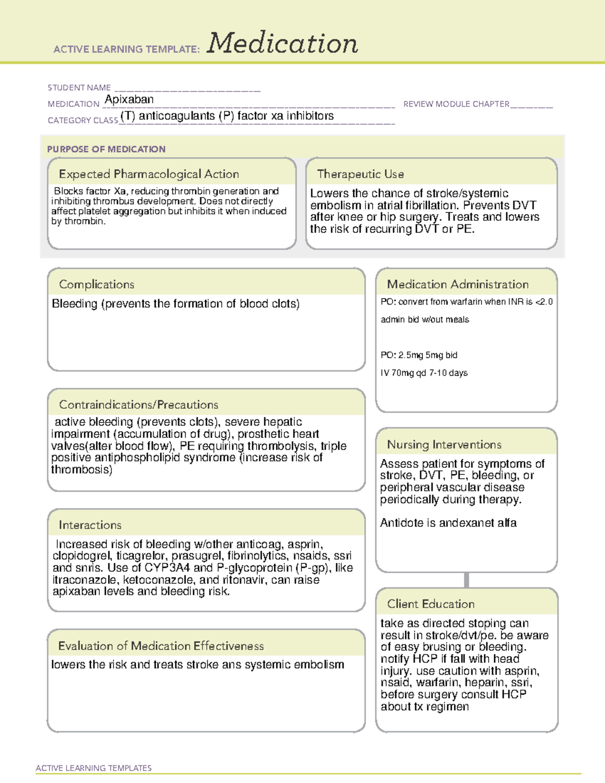 Apixiban - medss - ACTIVE LEARNING TEMPLATES Medication STUDENT NAME ...