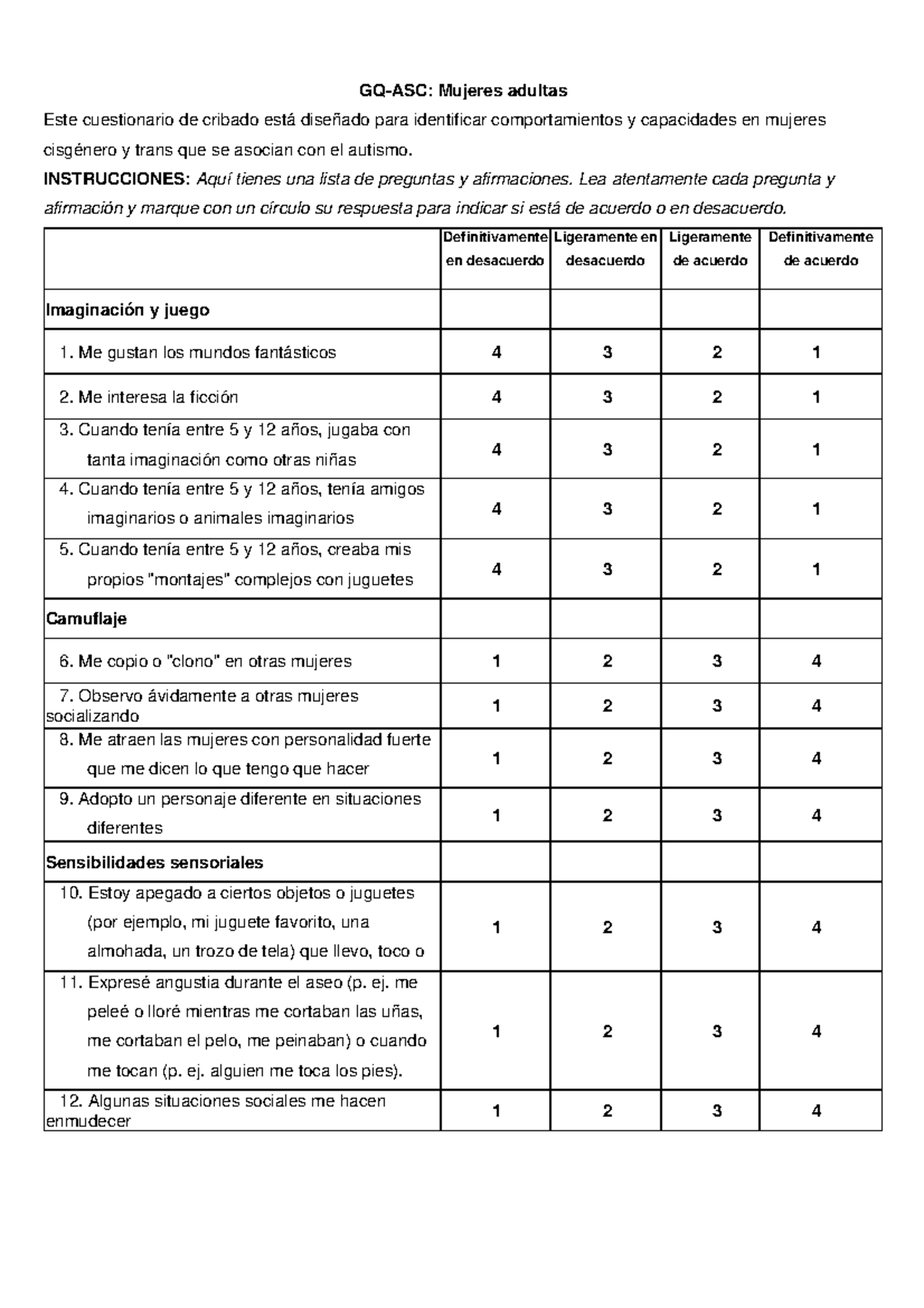 GQ ASC Adulta Mujer - GQ-ASC: Mujeres adultas Este cuestionario de ...