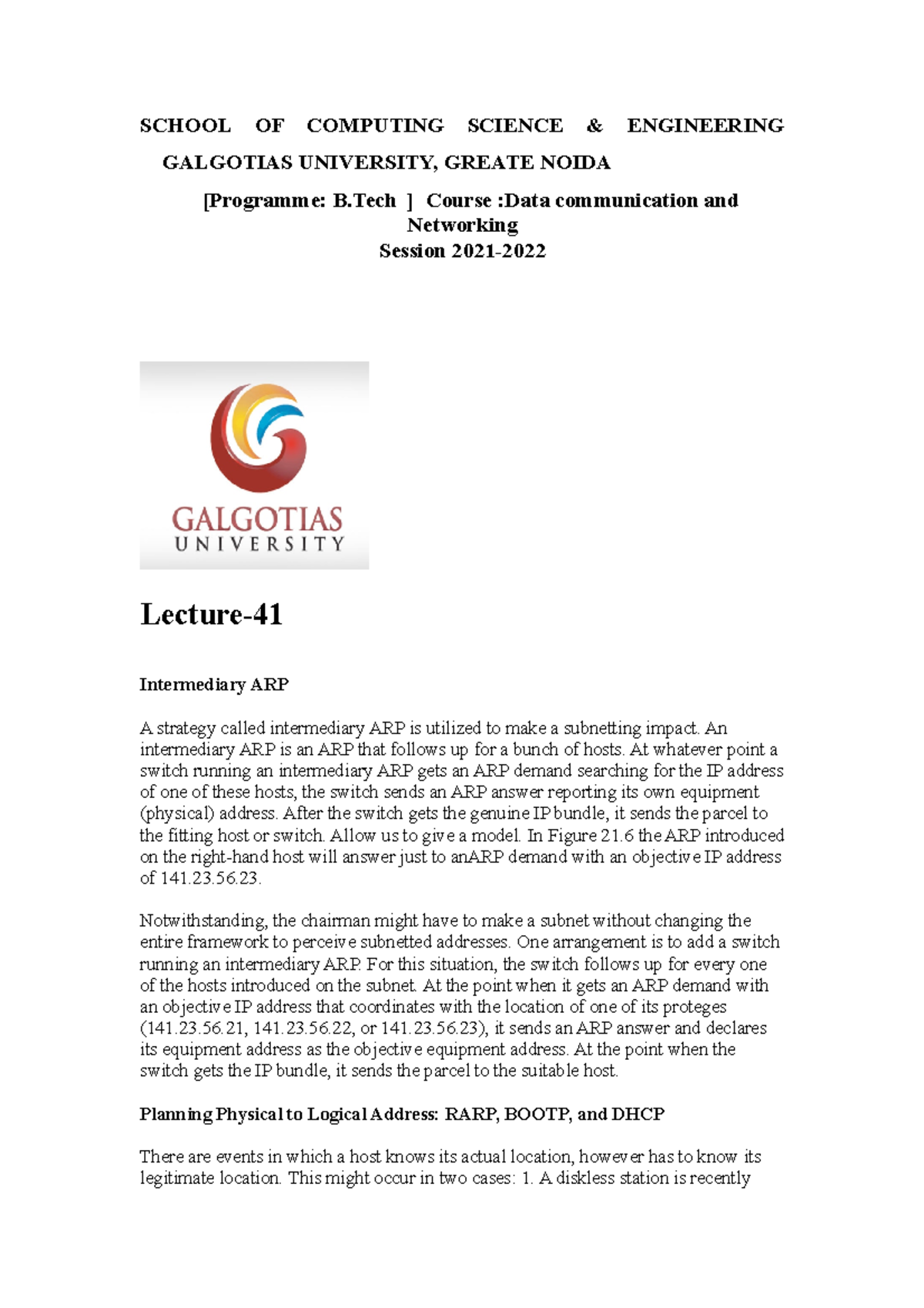DCN lecture 41 @ Galgotias university - SCHOOL OF COMPUTING SCIENCE & ENGINEERING GALGOTIAS ...