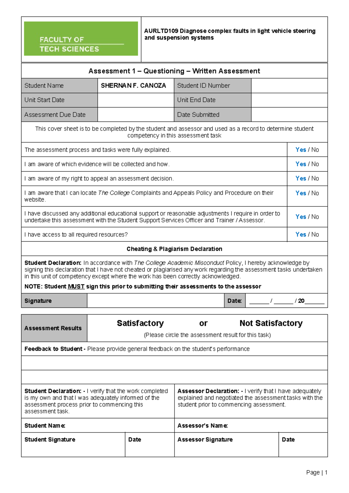 FTS Assessment 1 Student Questioning Written Knowledge Assessment ...