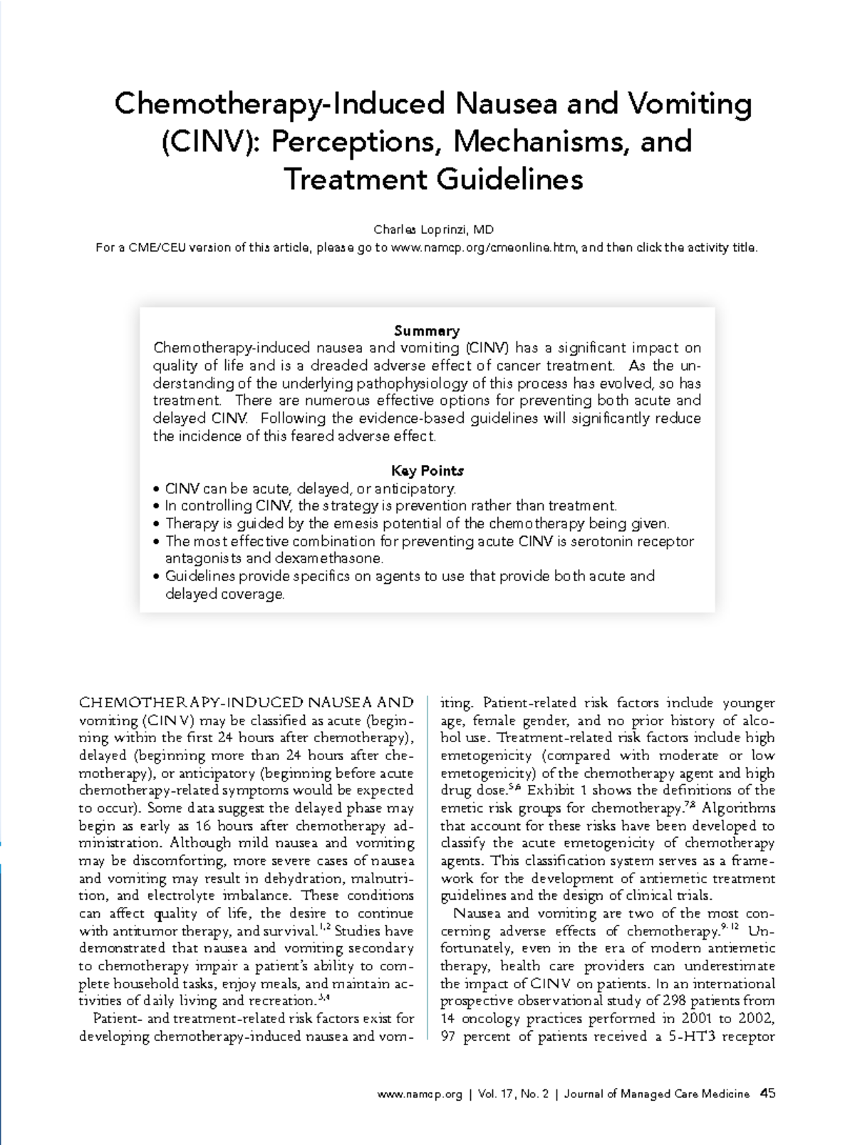 CINV - Lecture notes 1 - Nausea and Vomiting (CINV): Perceptions ...