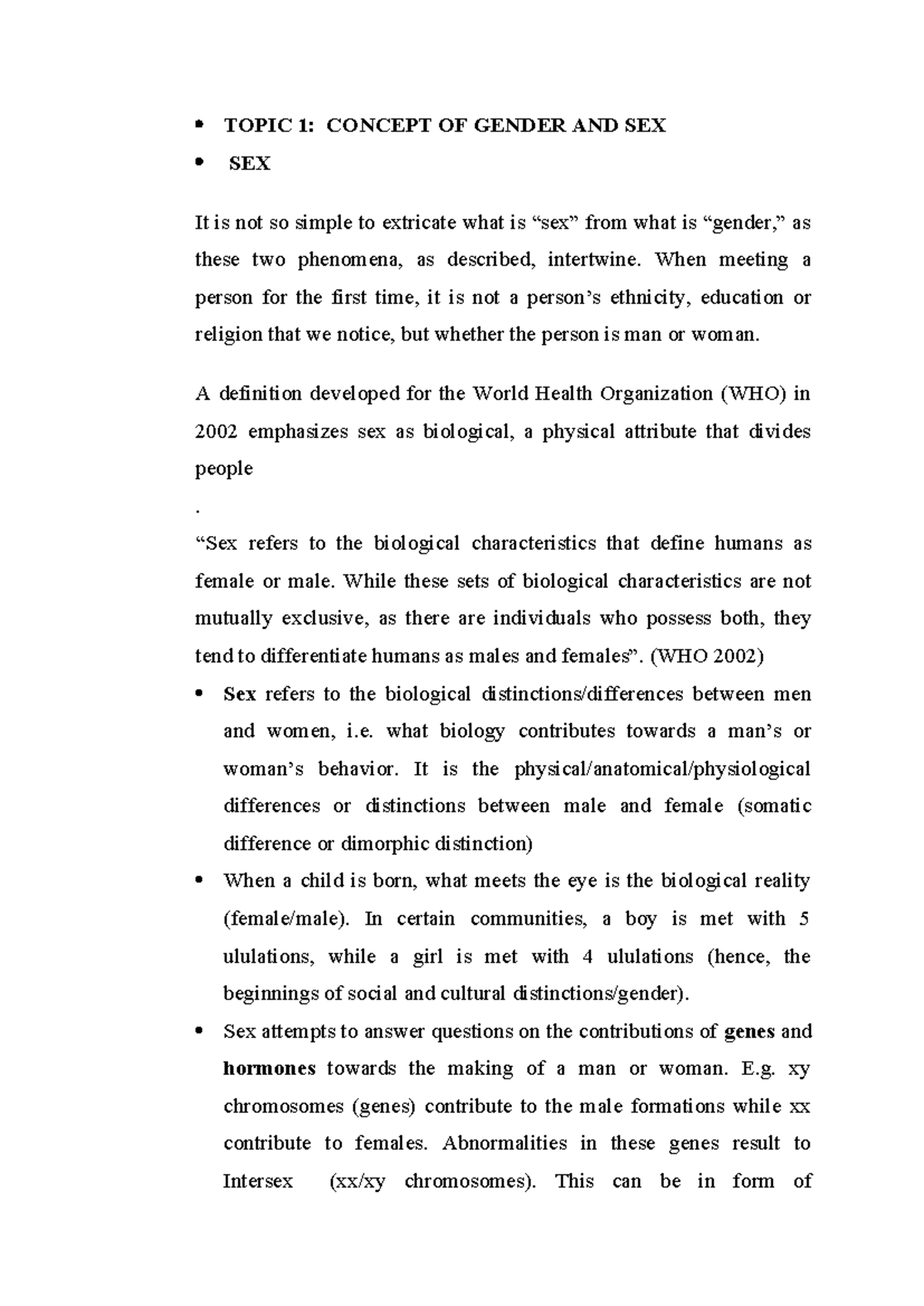 Topic 1. SEX AND Gender Notes - TOPIC 1: CONCEPT OF GENDER AND SEX SEX ...