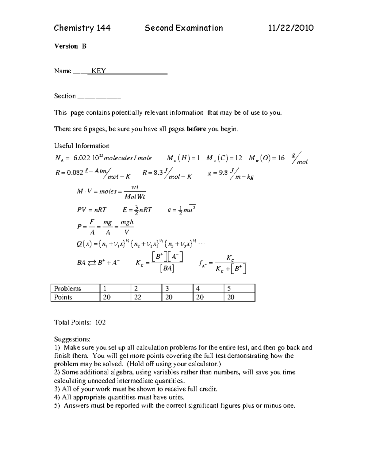 Exam 2 Version B Key Fall 10 (Robinson) - Chemistry 144 Second ...
