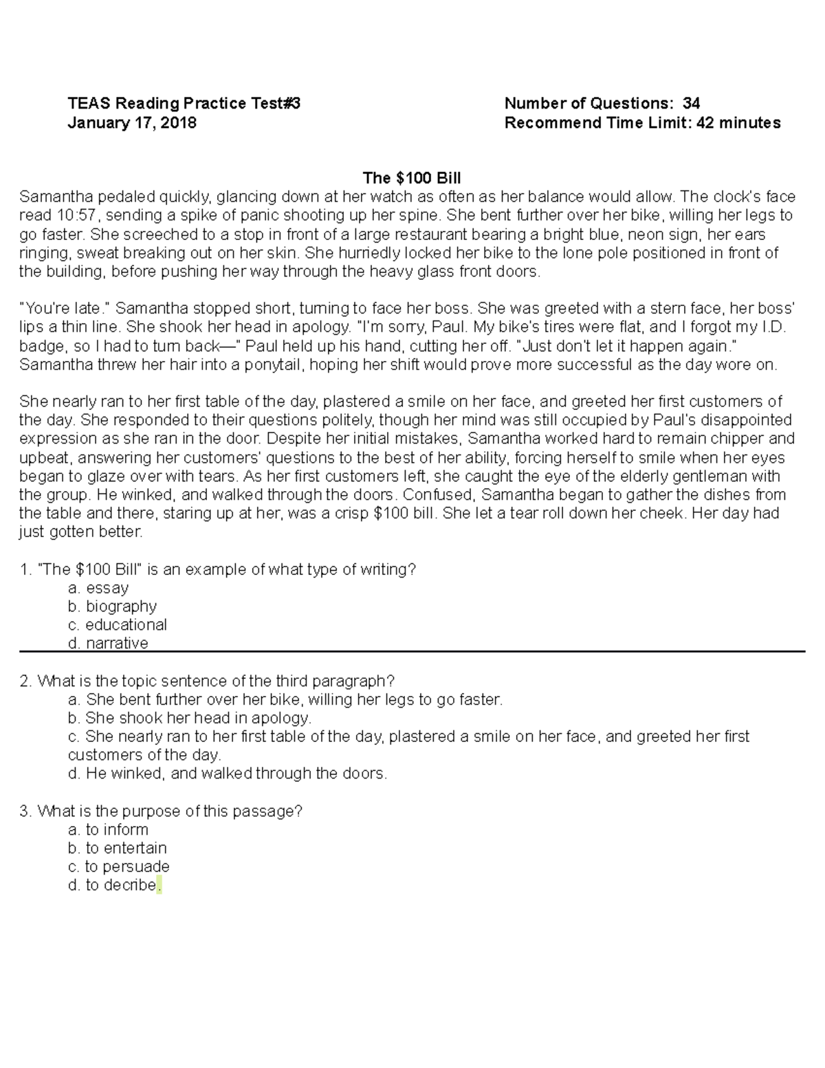 Practice Test 3 Revised - TEAS Reading Practice Test#3 Number of ...